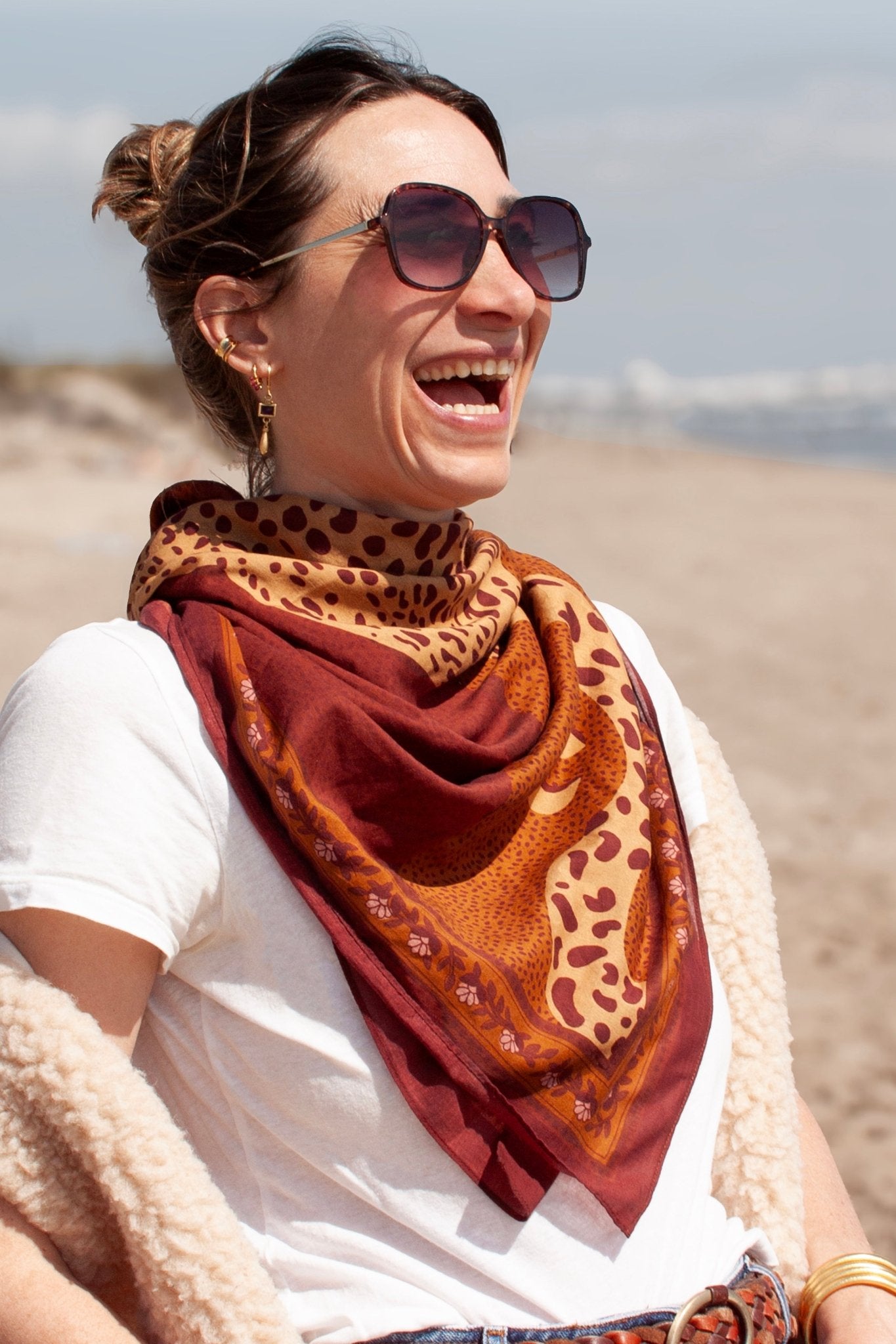 Grand foulard coton - Léopards camel
