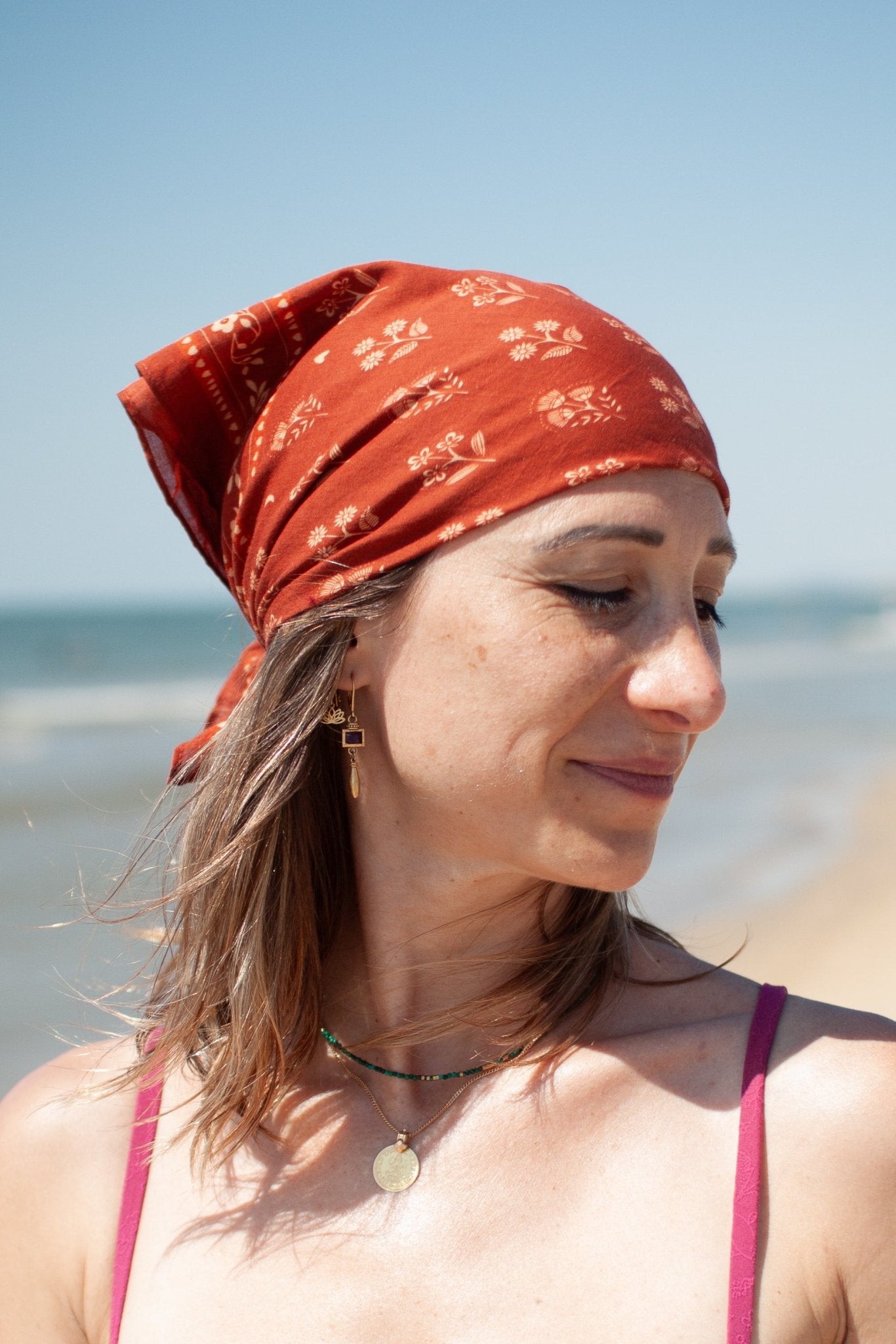 Petit foulard coton - Fleurs Indiennes brique